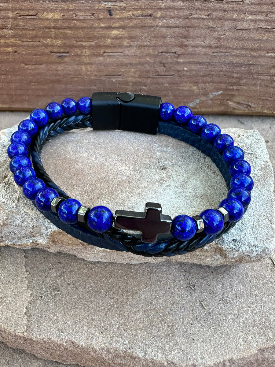 Blue Lapis Beaded Triple Wrap leather and Cross Bracelet – Amanda Radke